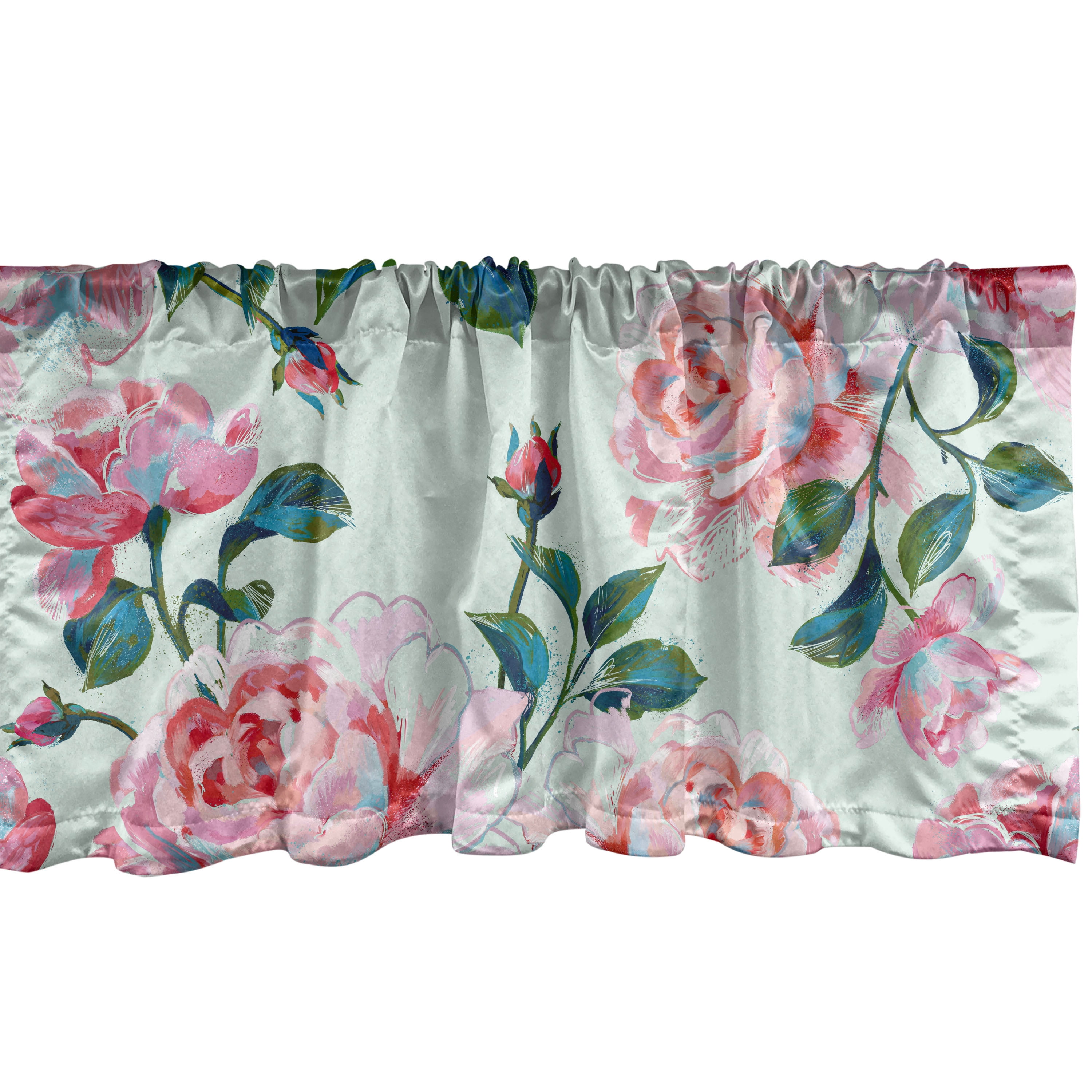 Floral Aquarelle Window Valance, Spring Garden Scene Rose Flowers ...