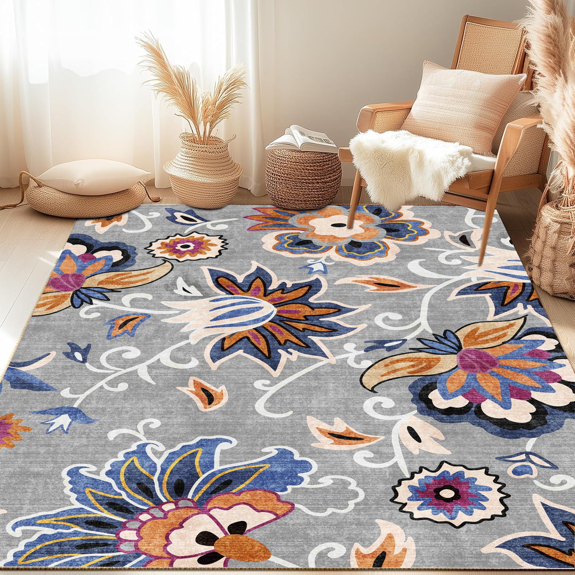 Floral Area Rug 5x7 Living Room Rug Non Slip Washable Bedroom Rug Soft ...
