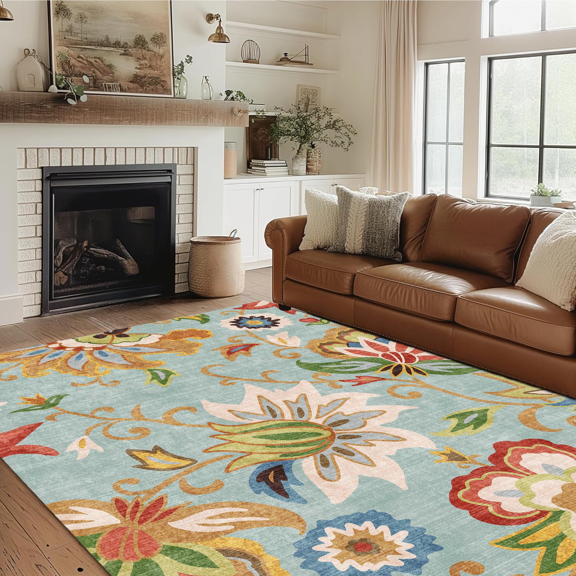 Floral Area Rug 5x7 Living Room Rug Non Slip Washable Bedroom Rug Soft ...