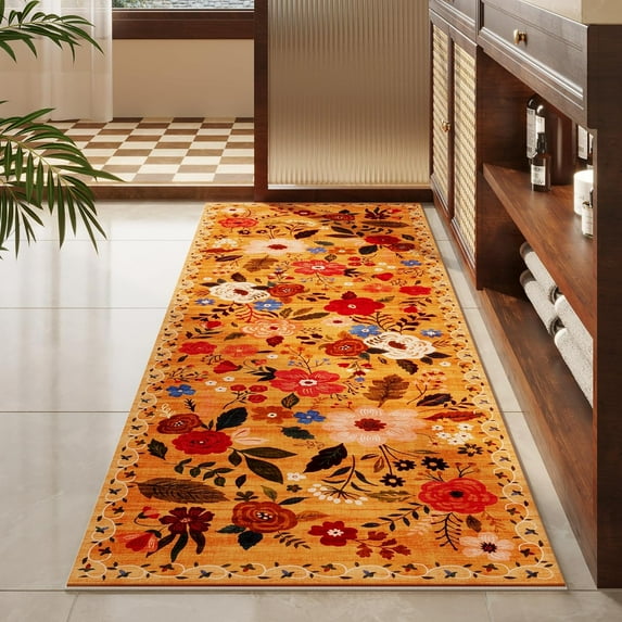 KaMinLy Bohemian Orange Floral Rug, 2'x6', Soft Washable Carpet for ...