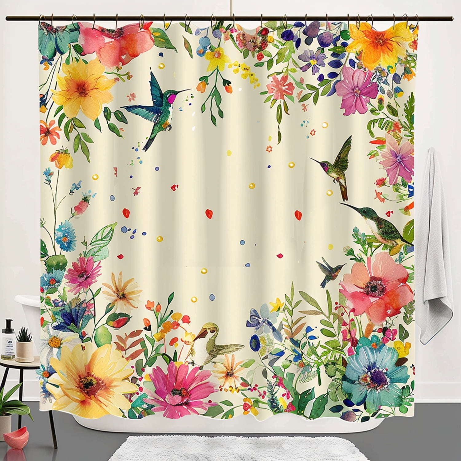 Floral Art Shower Curtain With Colorful Flowers Hummingbirds Watercolor