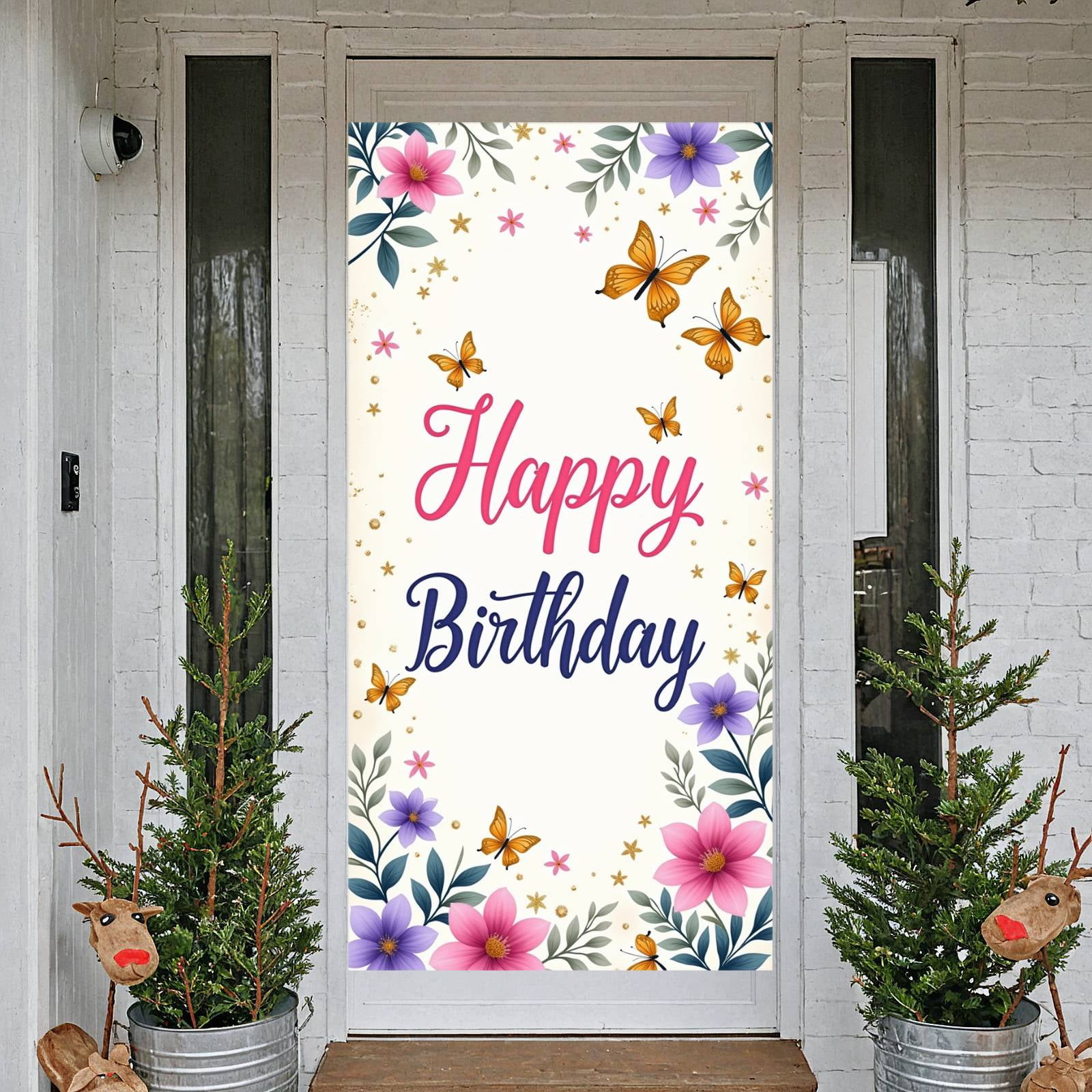 Floral Banner Butterfly Birthday Display Golden Stars Pink Purple ...
