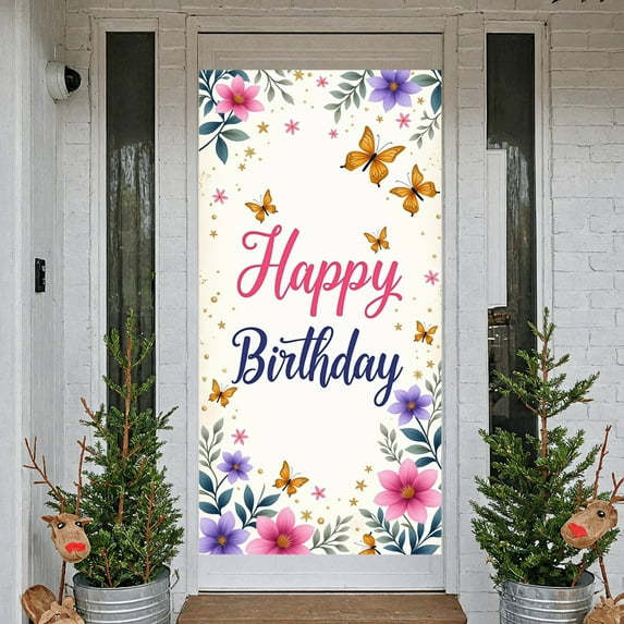 Floral Banner Butterfly Birthday Display Golden Stars Pink Purple ...