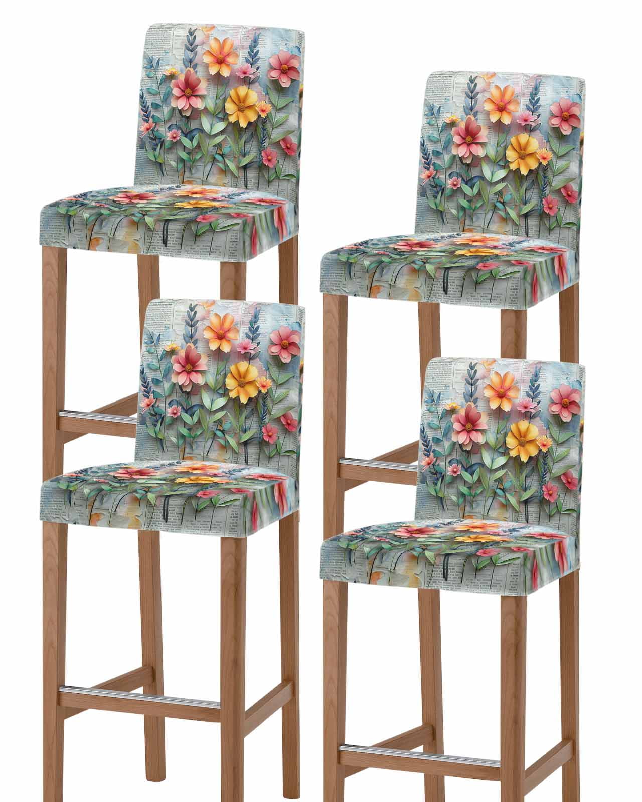 Floral Bar Stool Chair Covers Set of 4 with Back,Shabby Chic Newspaper ...