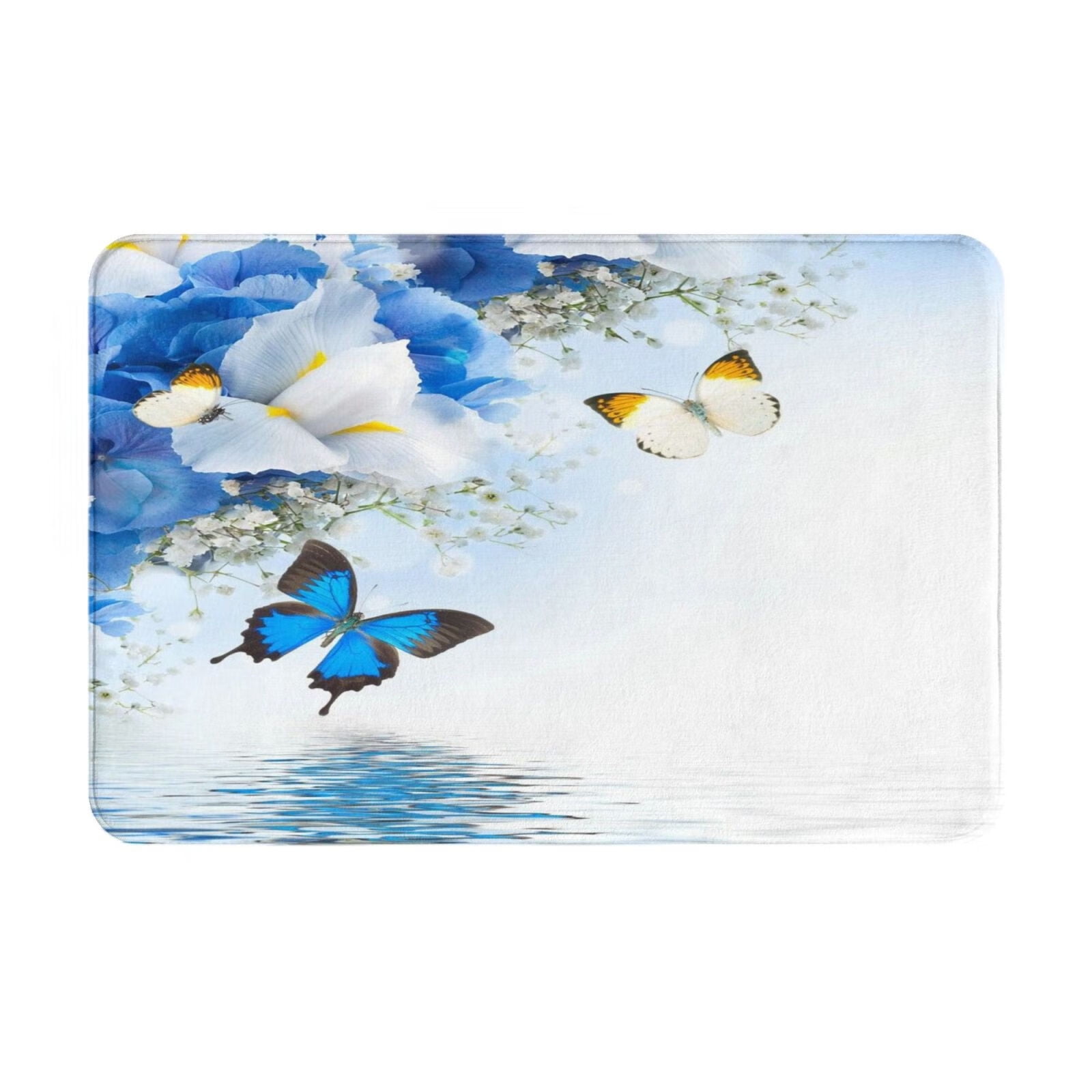 Floral Bath Mat, Blue and White Wild Flowers with Monarch Butterflies ...