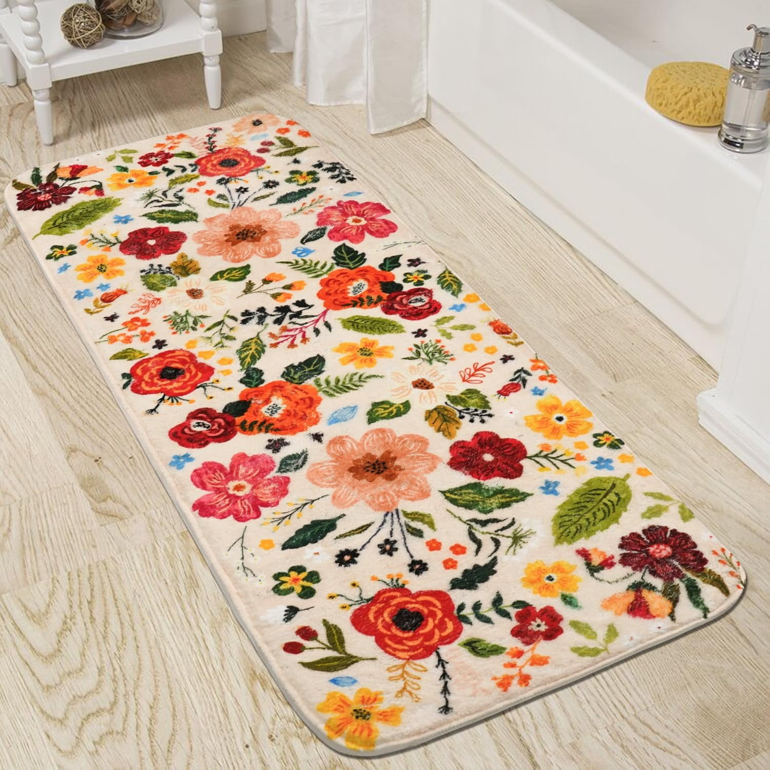 Floral Bathroom Rugs Large Long Bath Mat, Washable Bathroom Runner Rug ...