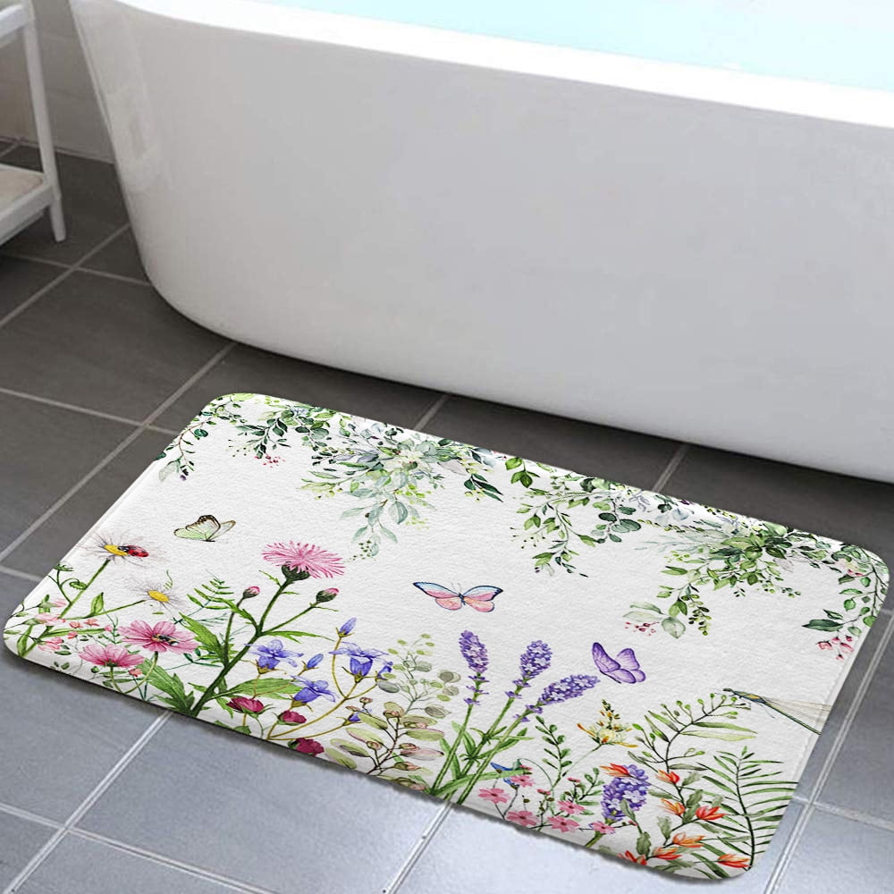 Floral Bath Mat, Non-Slip, Memory Foam, Pink Flowers, Watercolor Bird ...