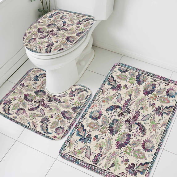 Floral Bathroom Rugs Set Ethnic Flower Paisley Feather Brown Linen ...