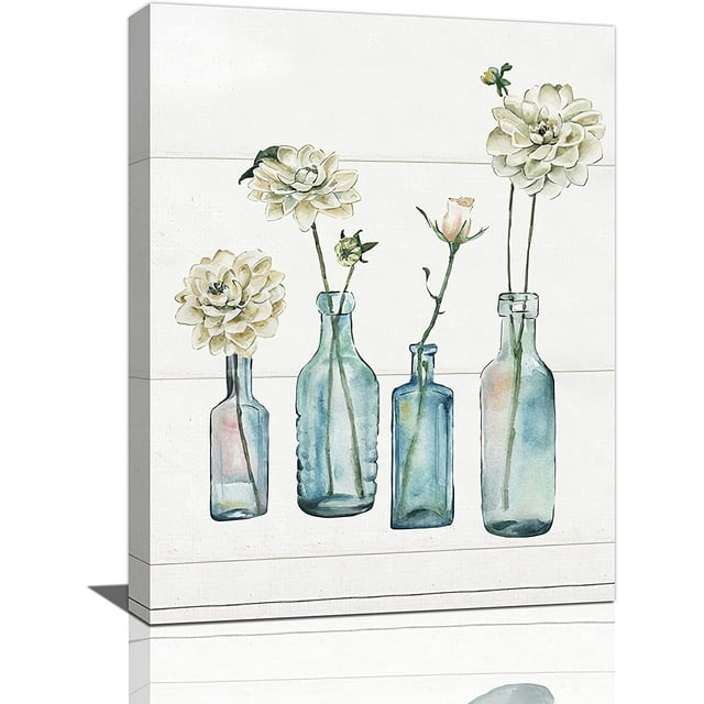 Floral Bathroom Wall Art White&Pink Flowers Teal Glass Jar Wall Decor Farmhouse Bottles And ...