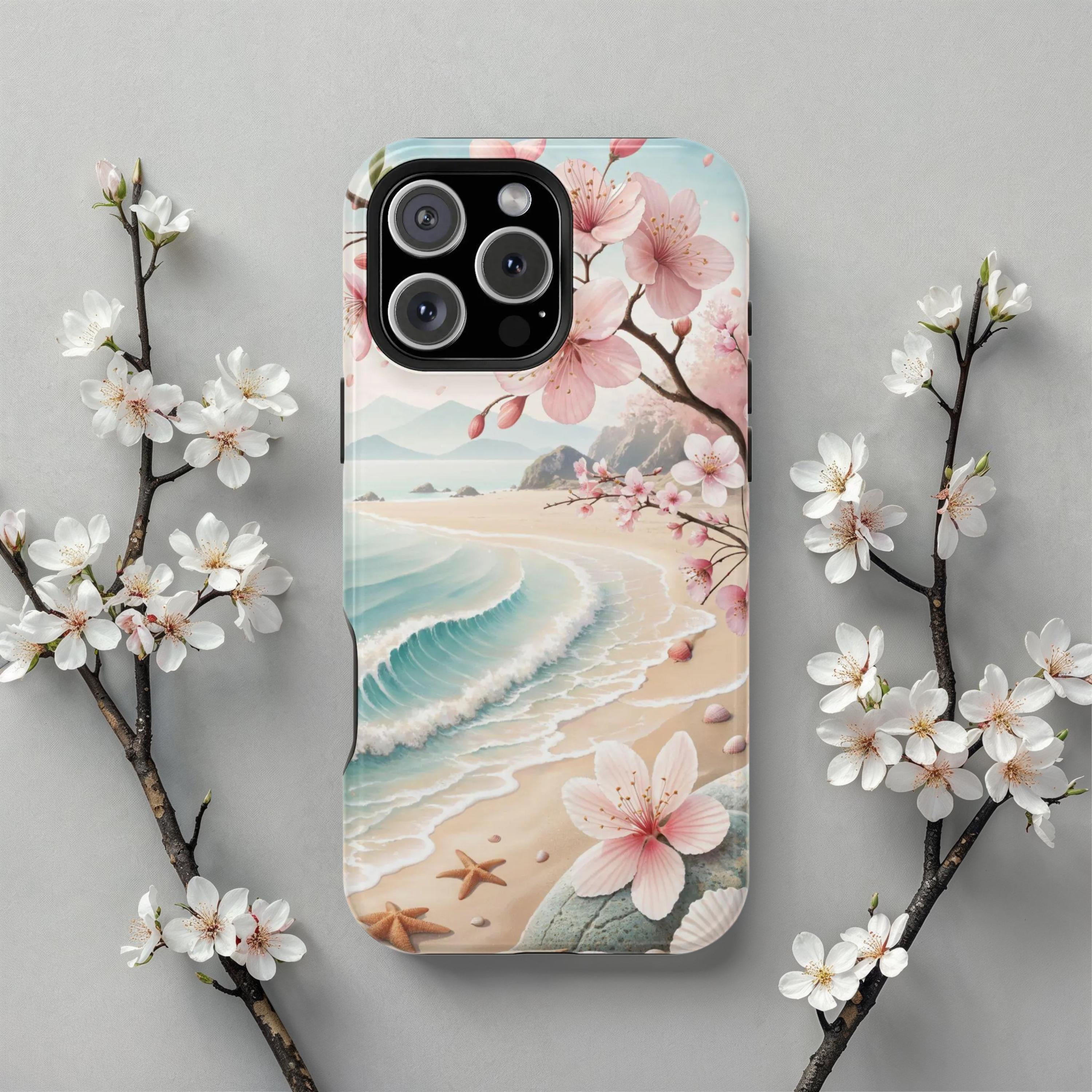 Floral Beach Phone Case Sakura Coastal Art for iPhone 17 16 15 14 13 12 ...