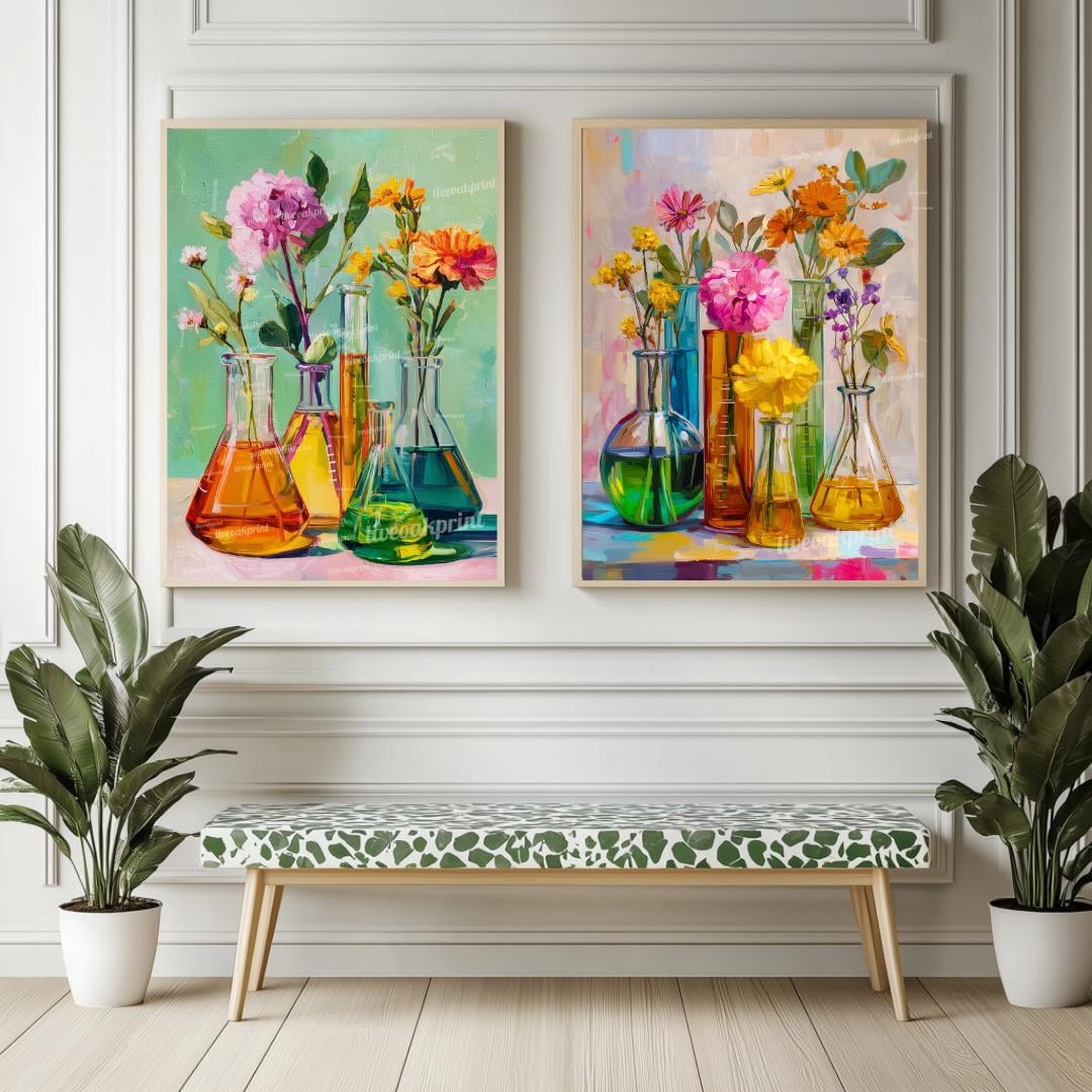 Floral Beaker Print Set Colorful Science Art For Classroom Decor Set 2 ...