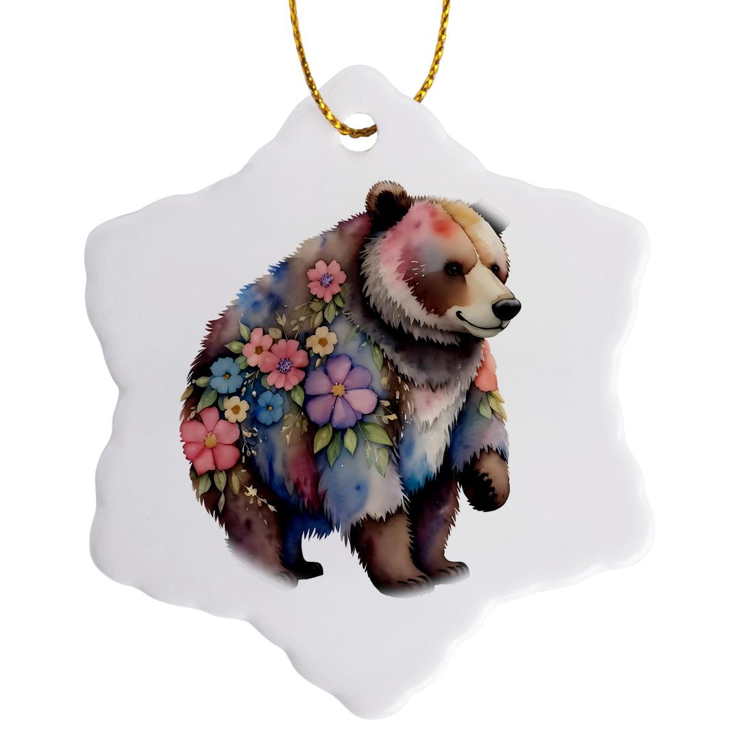 3drose, Floral Bear Illustration, 3 inch Snowflake Porcelain Ornament ...