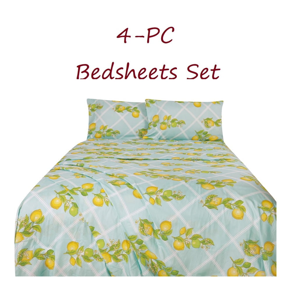 Floral Bed Sheets Set 4-pc Botanical Print Full Queen King Size Lemon ...