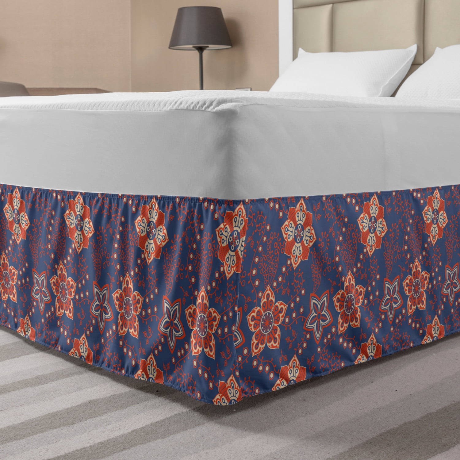 Floral Bed Skirt, Flower Scroll Pattern with Swirled Branches Leaves ...