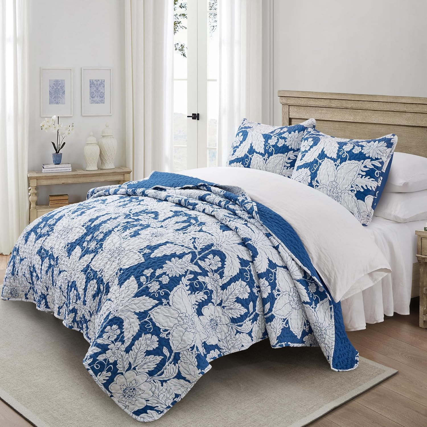 Floral Bedding Quilt Set Bedspread - Blue Floral Quilt Lightweight ...