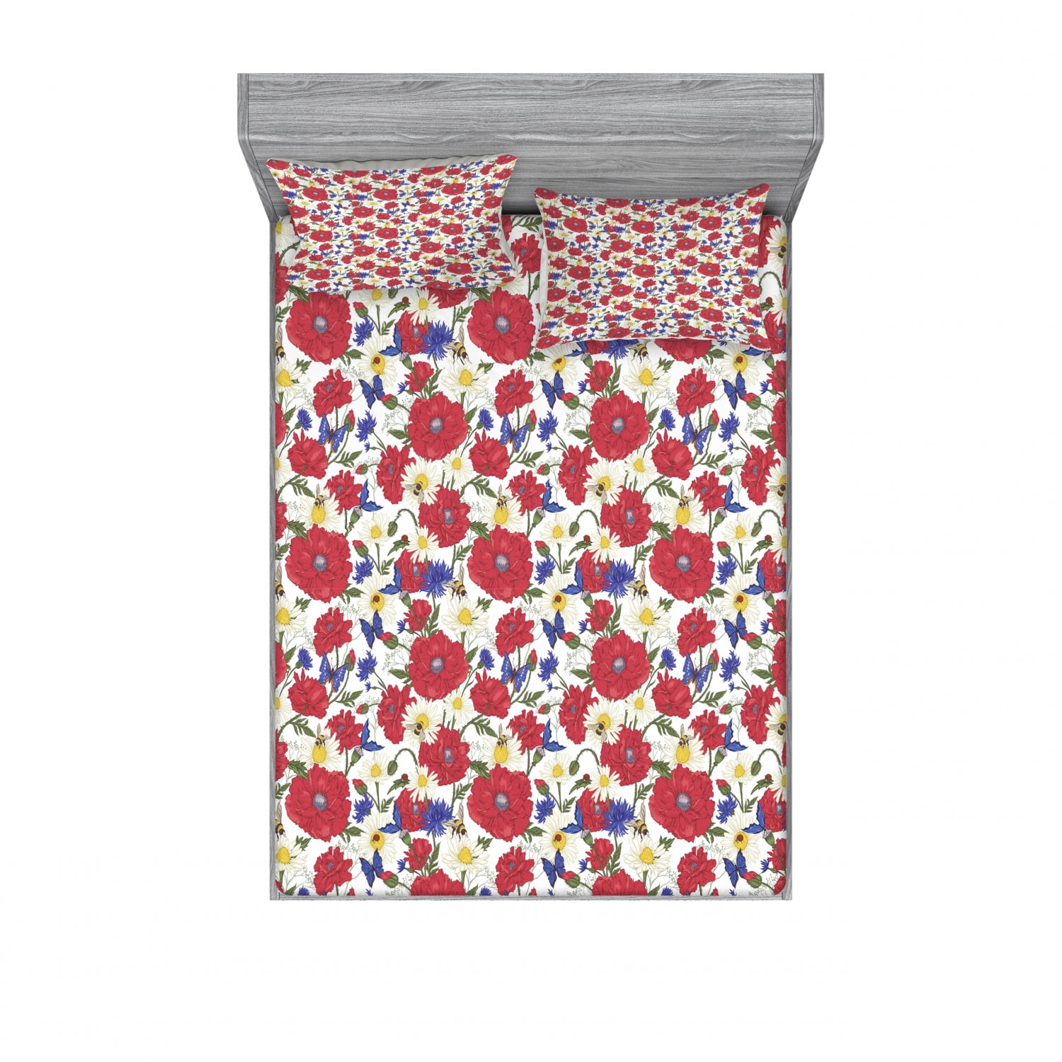 Floral Bedding Set with Sheet & Covers, Blooming Red Poppies Chamomile ...