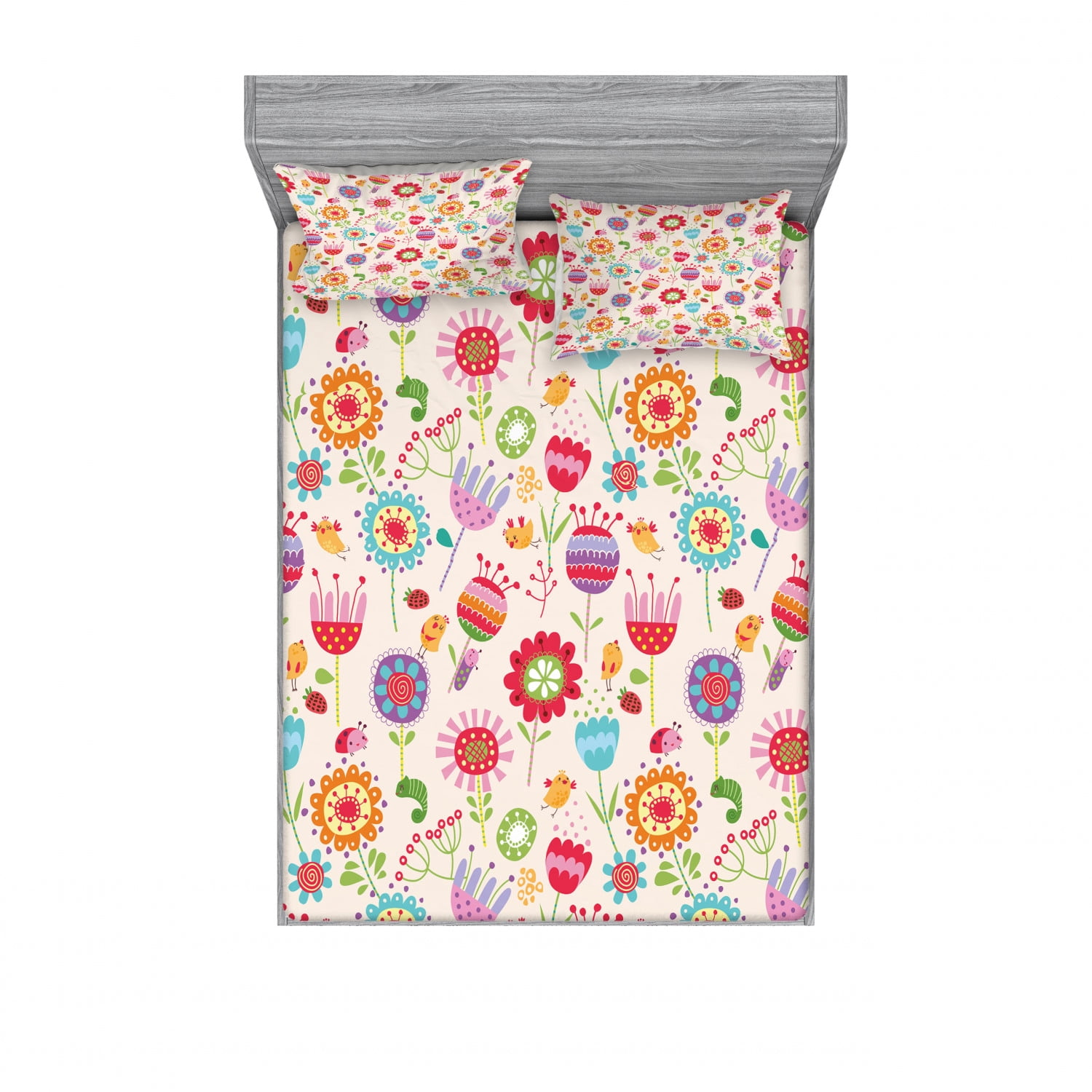 Floral Bedding Set with Sheet & Covers, Cartoon Drawing Style Ladybug ...