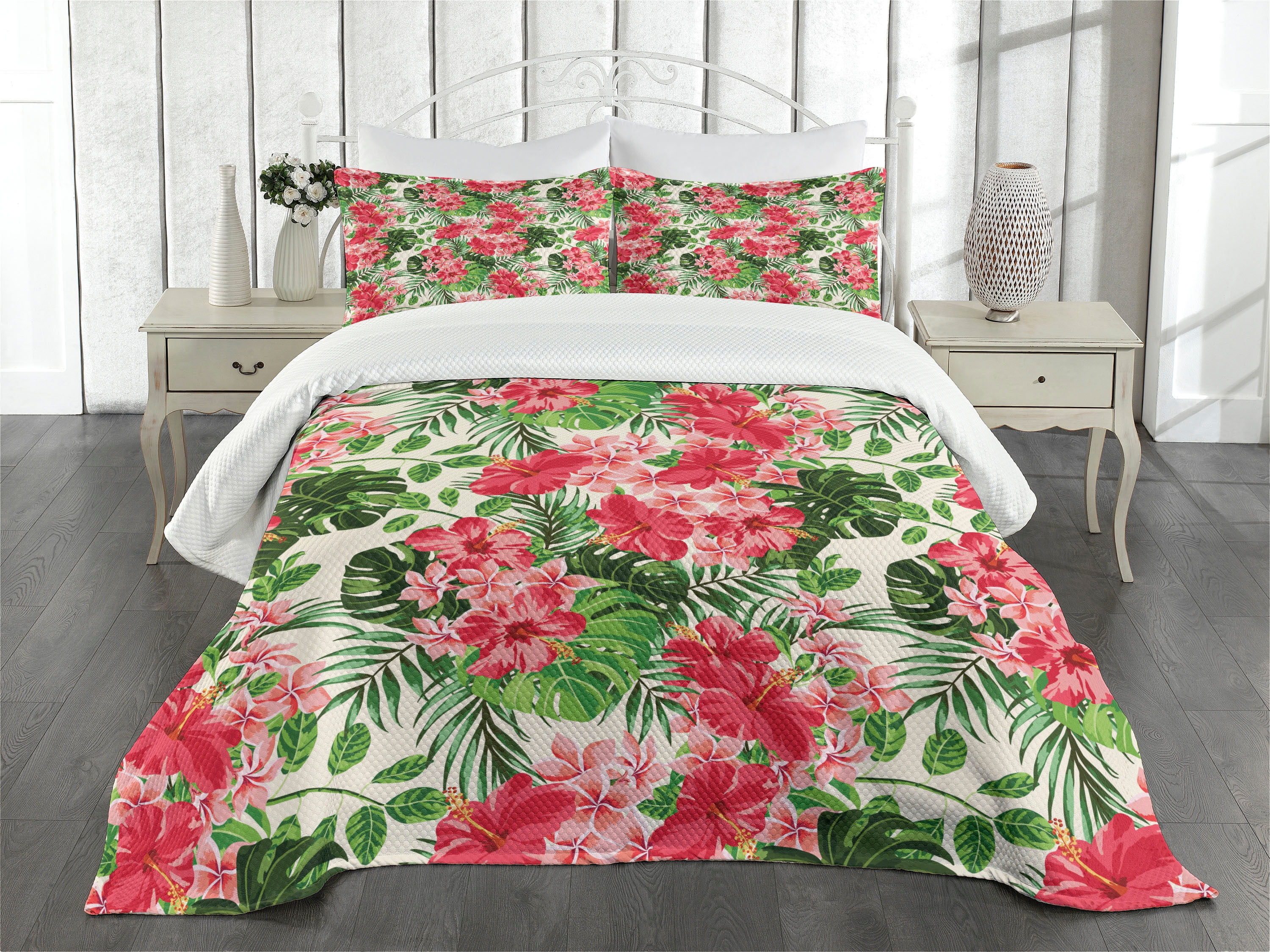 Floral Bedspread, Tropical Botanic Flowers Leaves Ivy Island Hawaiian ...