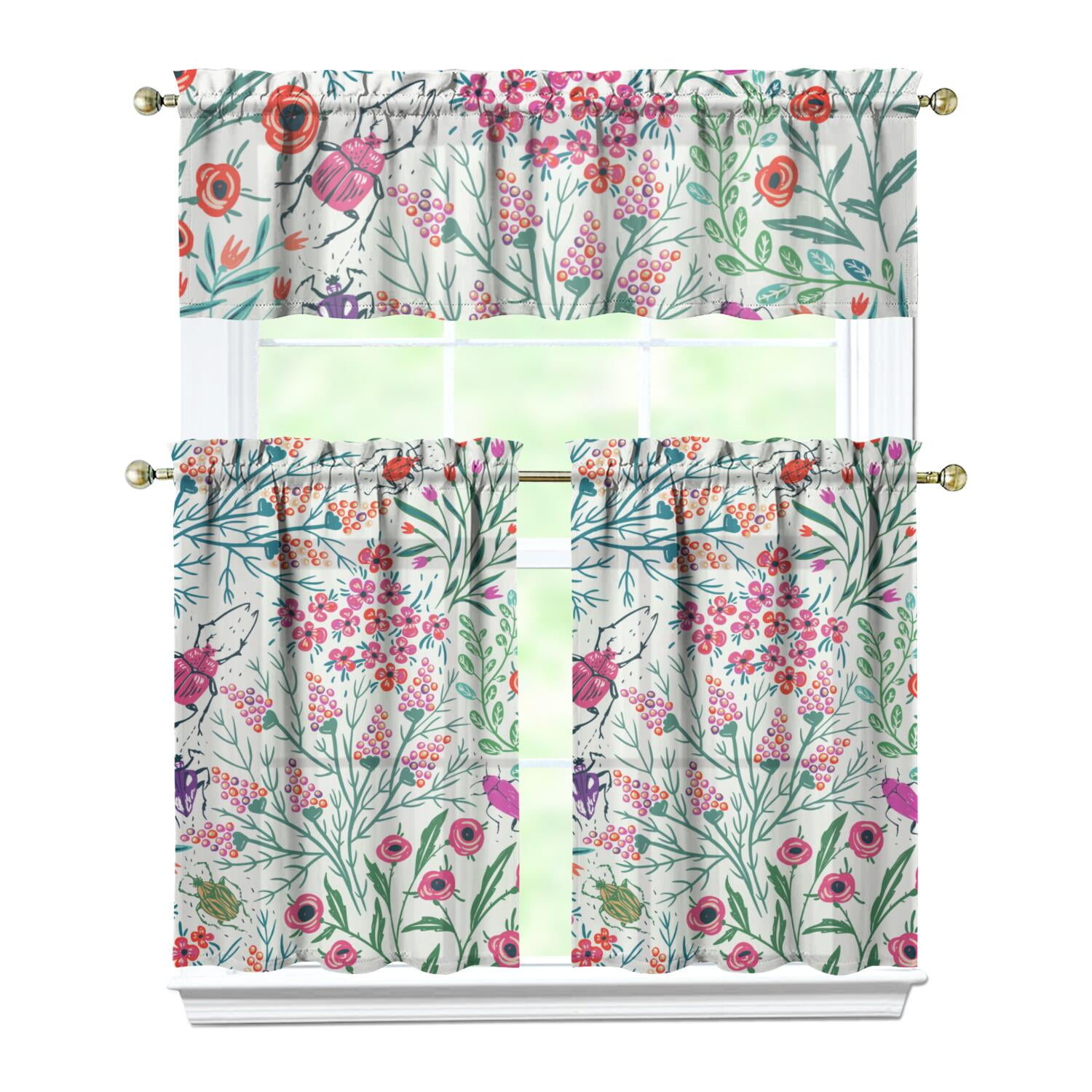 Floral and Bee Artwork Kitchen Curtains Set Tier and Valance, Vintage ...