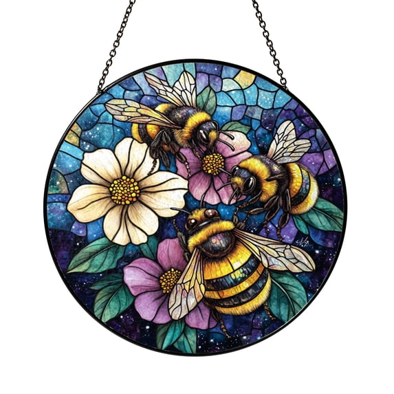 Floral Bee Stained Glass Style Suncatcher, Honeycomb Window Hanging for ...