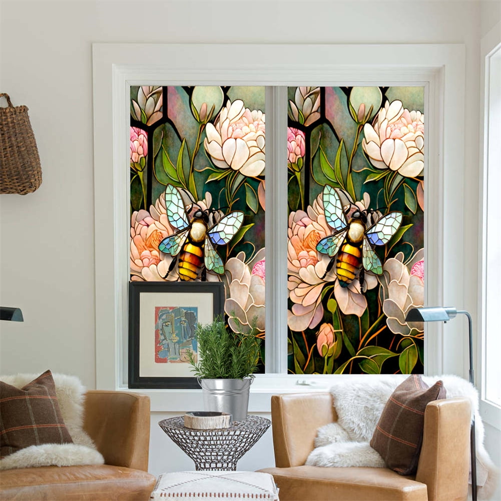Floral Bee Static Window Stickers Non-adhesive Removable Sun Blocking ...