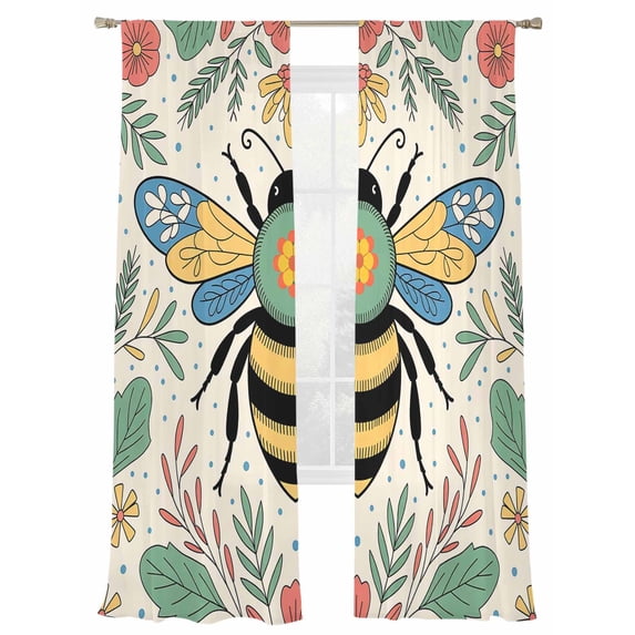 Floral Bees Sheer Curtains 2 Panels Set Flower Leaves Polka Dot Sheer ...