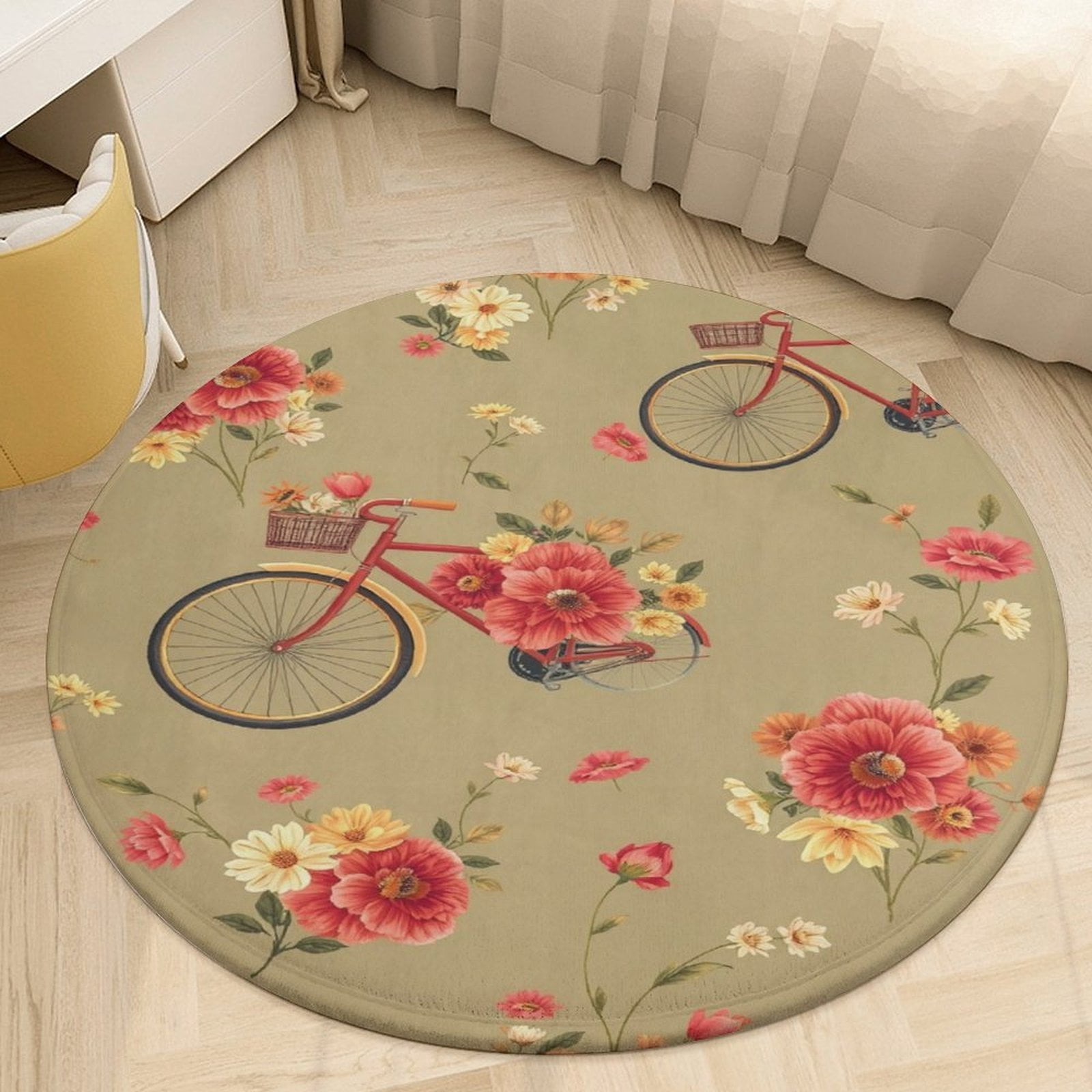 Floral Bicycle Pattern Round Carpets Modern Living Room Ration Rugs ...