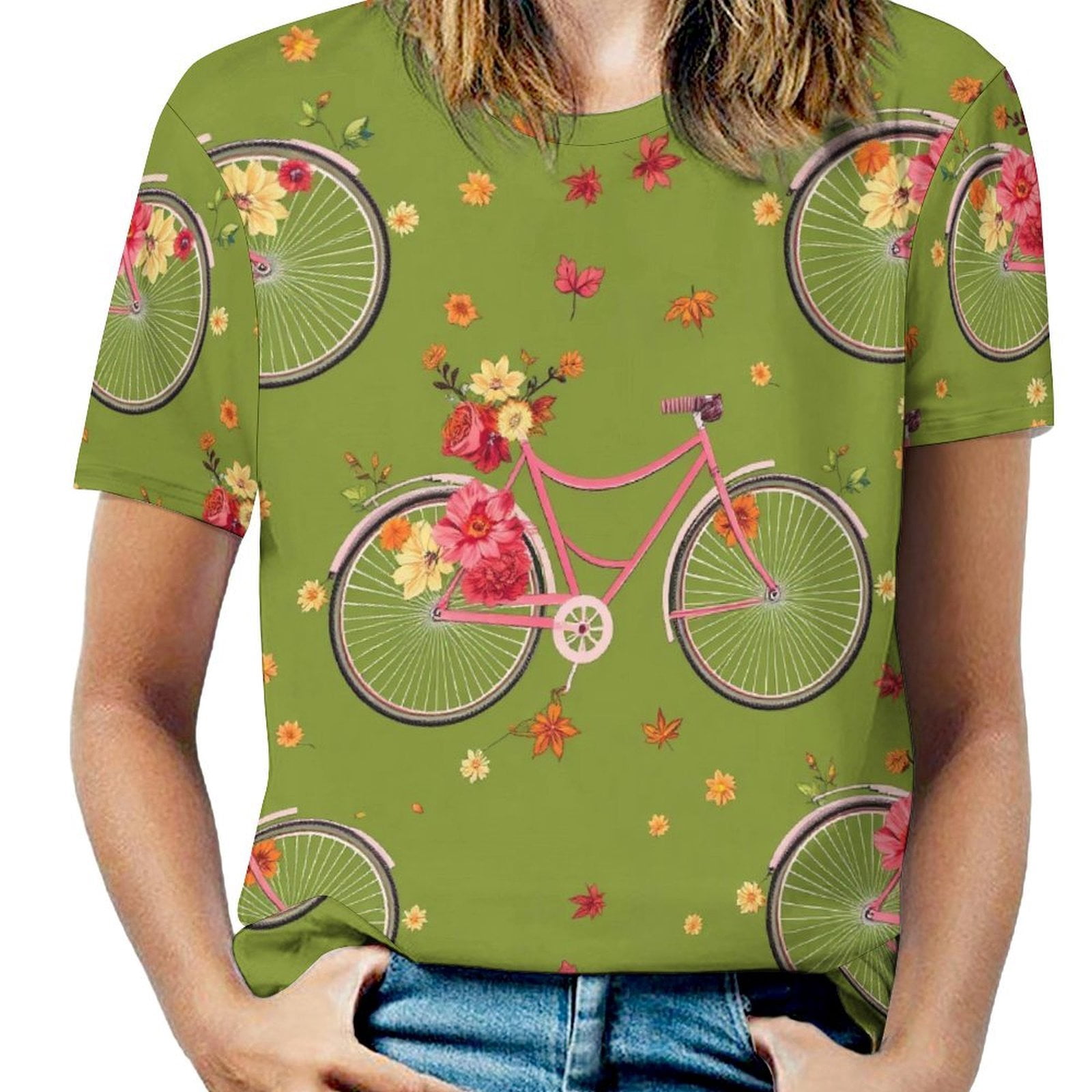 Floral Bicycle Pattern T Shirts Streetwear T-Shirt Female ShortSleeve ...