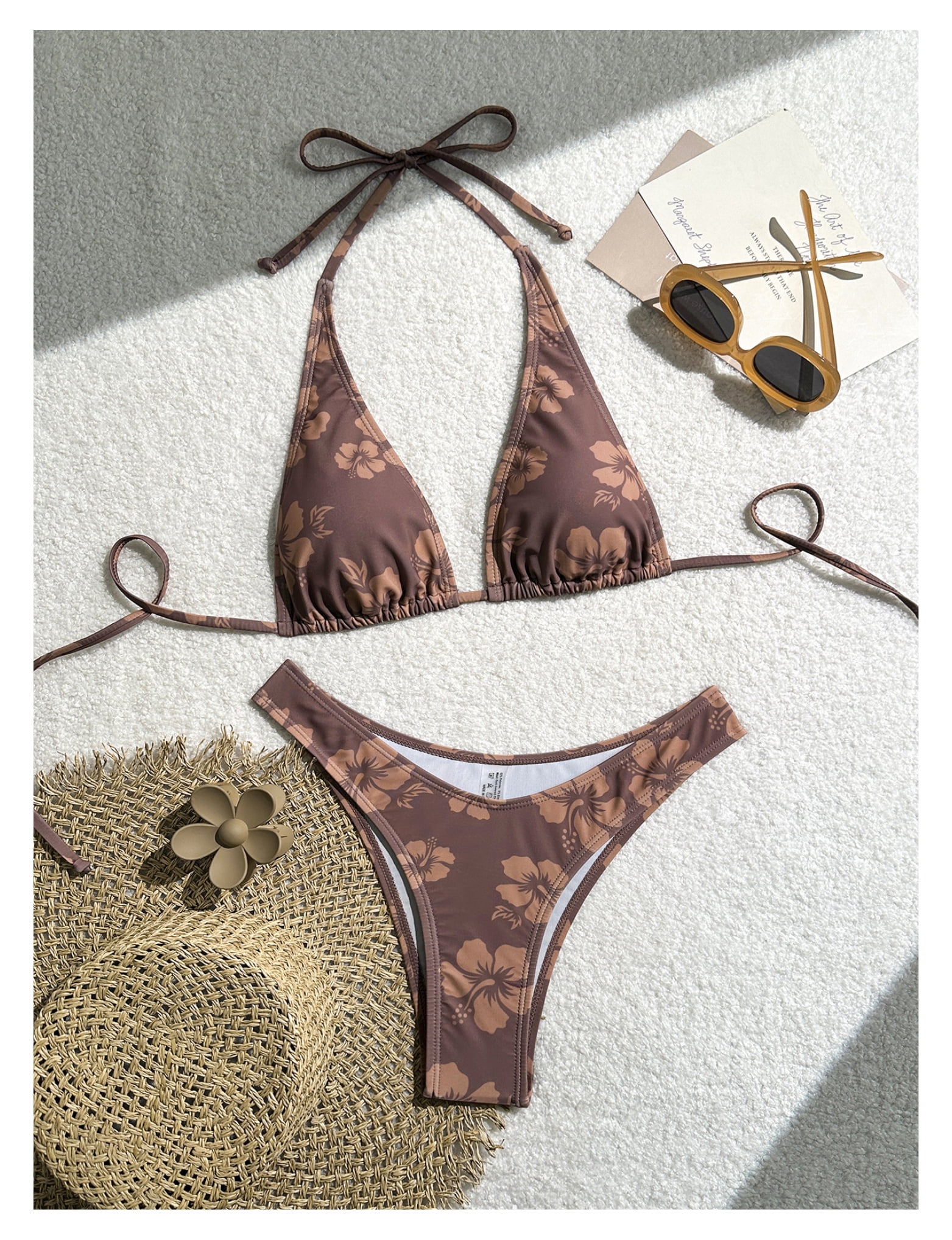 Floral Bikini Swimsuit for Women - Brown Tropical Print Halter Two ...