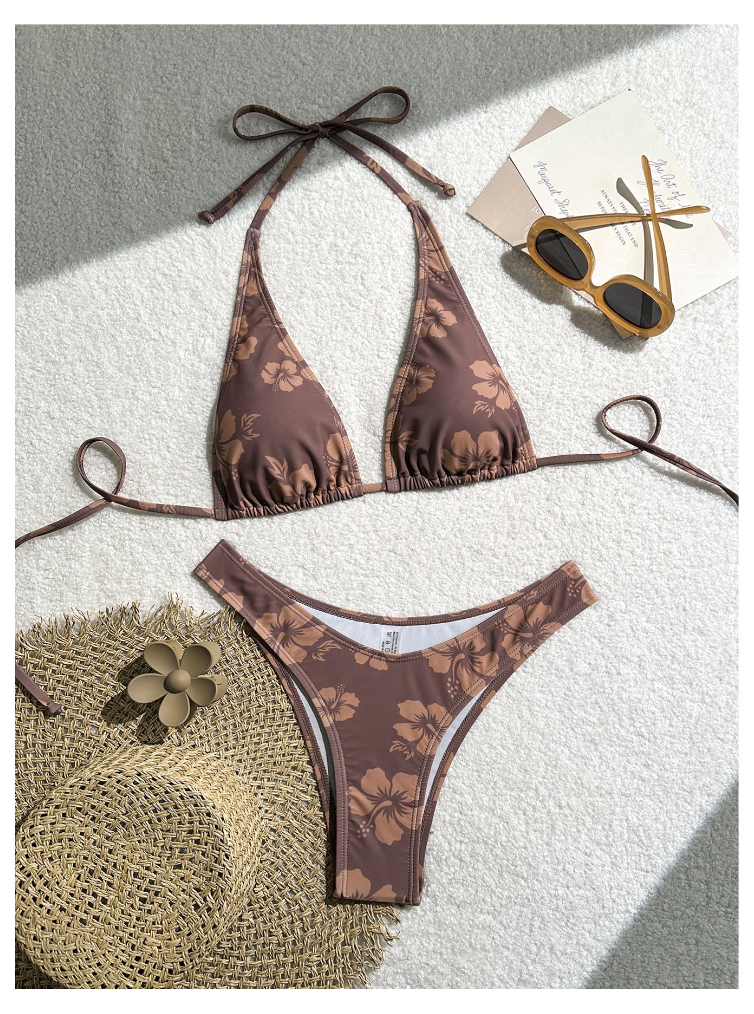 Floral Bikini Swimsuit for Women - Brown Tropical Halter Two Piece ...