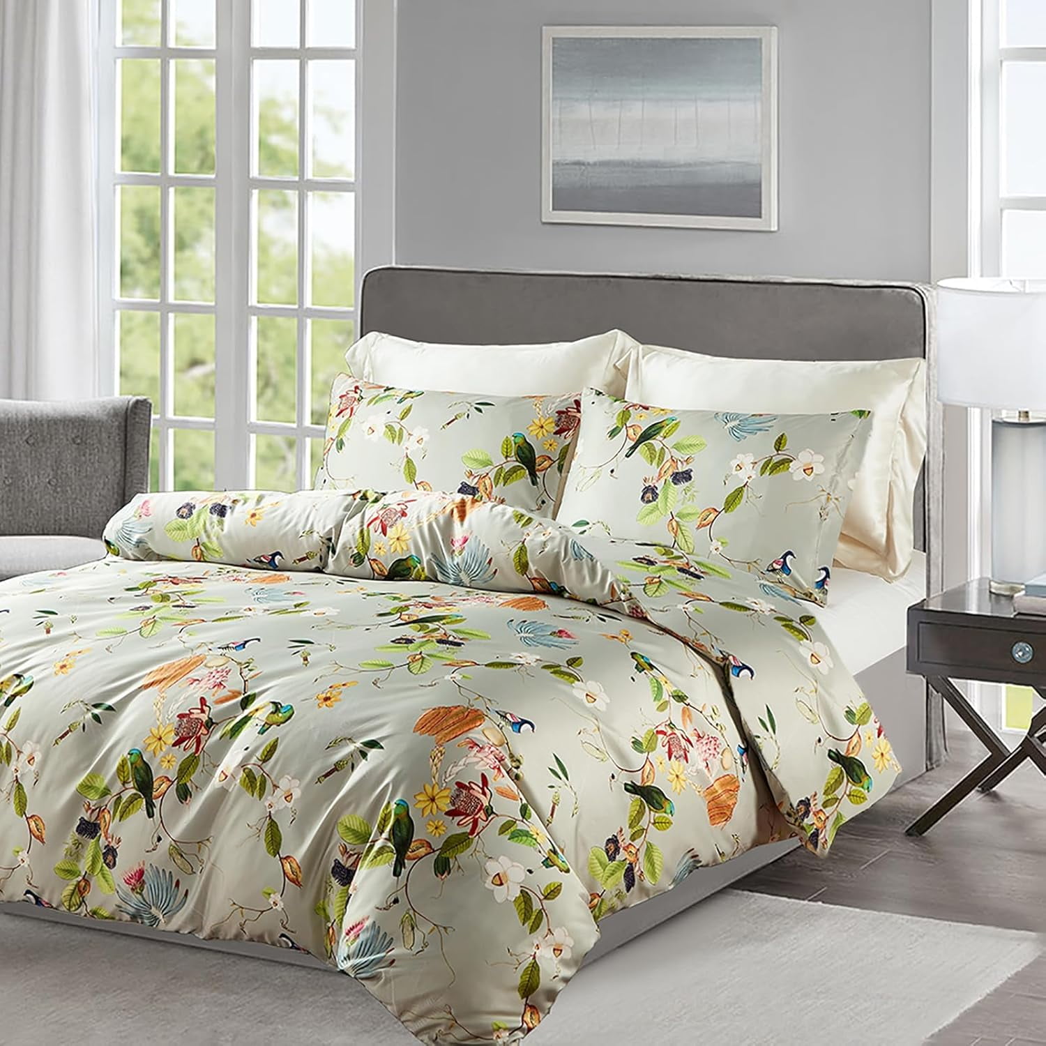 Floral Bird Comforter Set King Size with Fluffy Soft Vintage Botanical ...