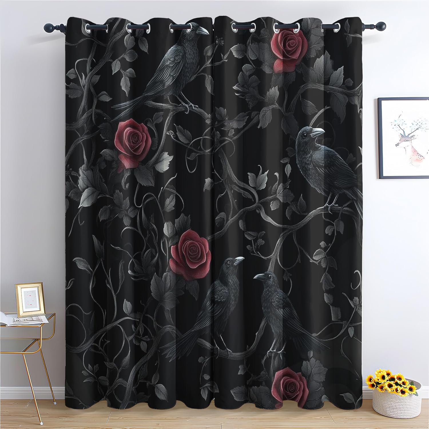 Floral Bird Curtains, Vintage Gothic Window Curtains, Raven Crow Rose ...
