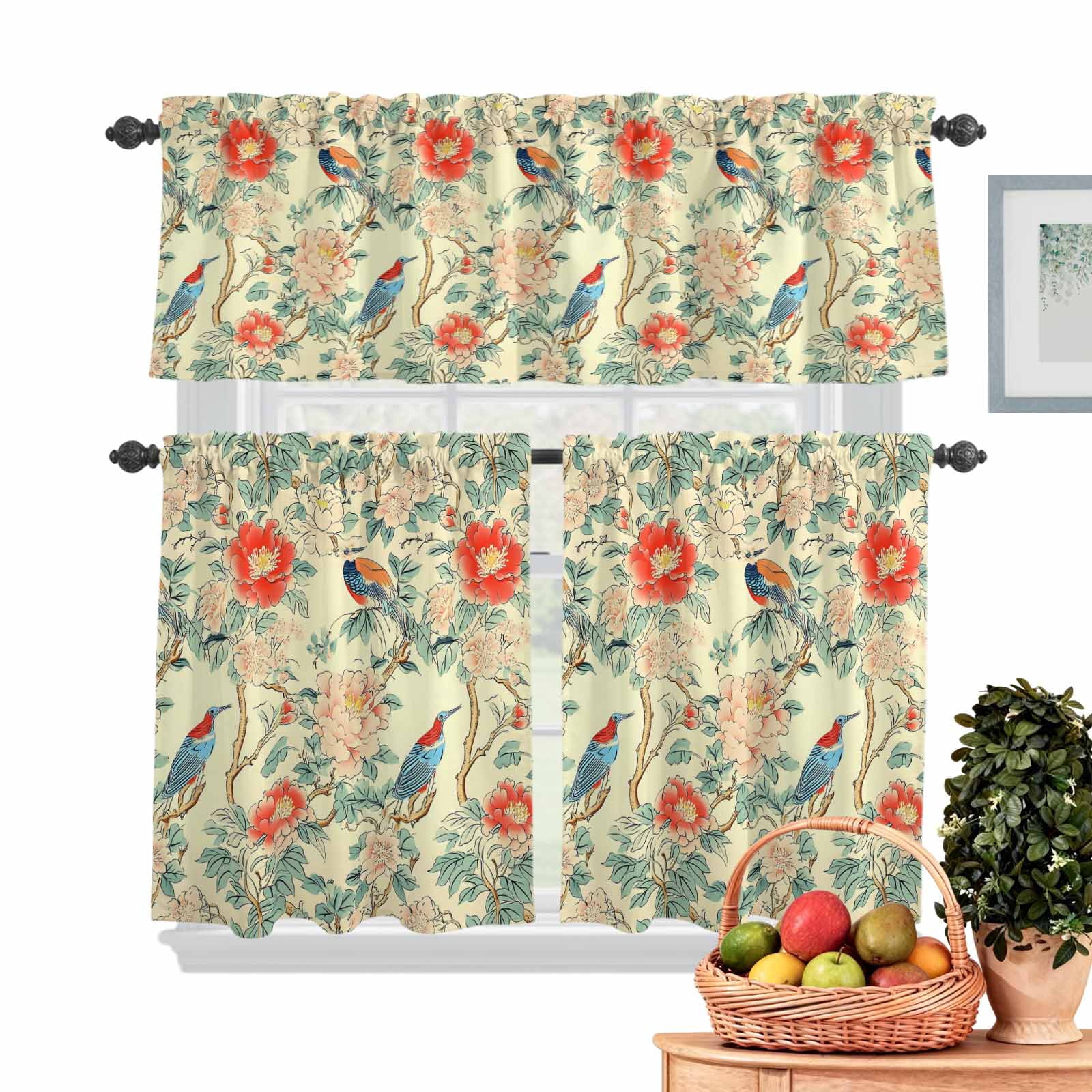 Floral Bird Kitchen Curtains Valances 3 Piece Set, Watercolor Leaves ...