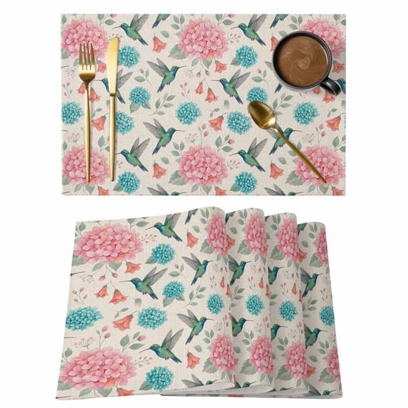 Floral Bird Placemats Set of 4, Summer Spring Hydrangea Hummingbird ...