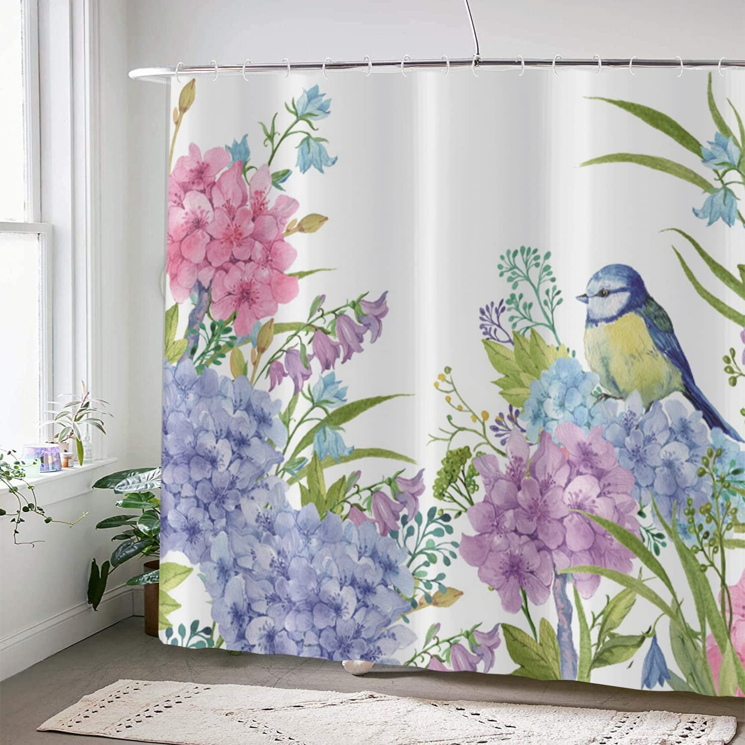 Floral Bird Shower Curtain, Spring Colorful Hydrangea Flowers ...