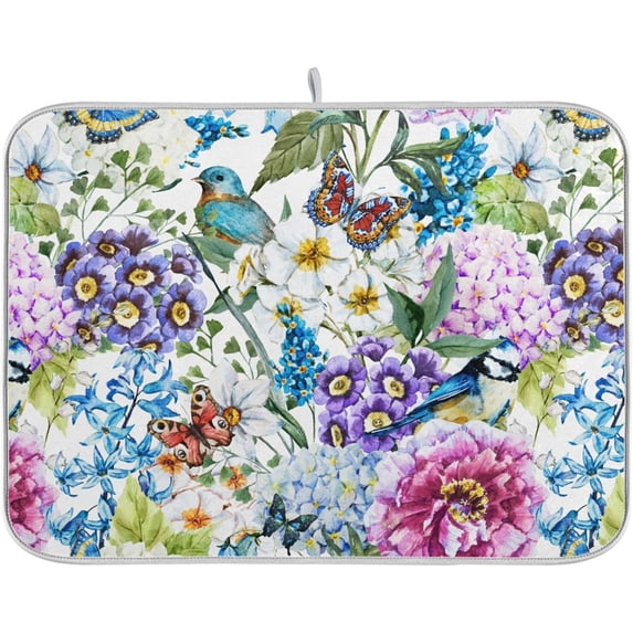 Floral Birds Dish Drying Mat for Kitchen Spring Globe Daisy Butterfly ...