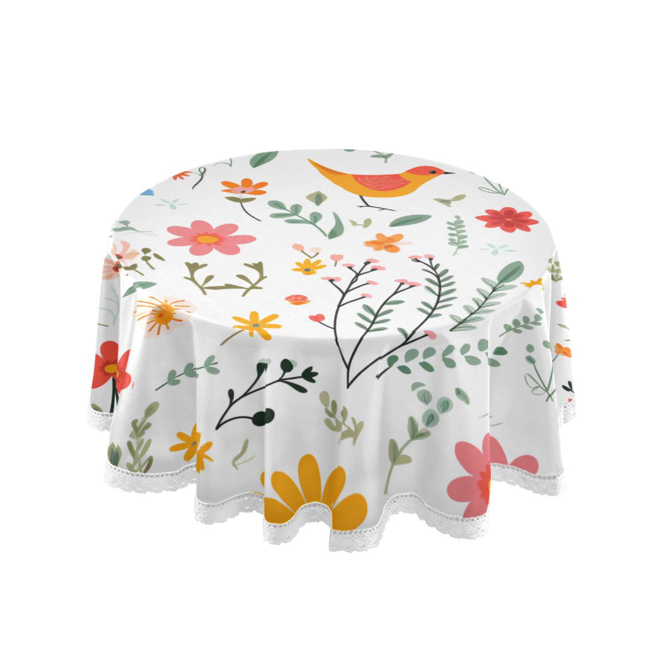 Floral Birds and Leaves Round Tablecloth 60" Reusable Circle Table ...