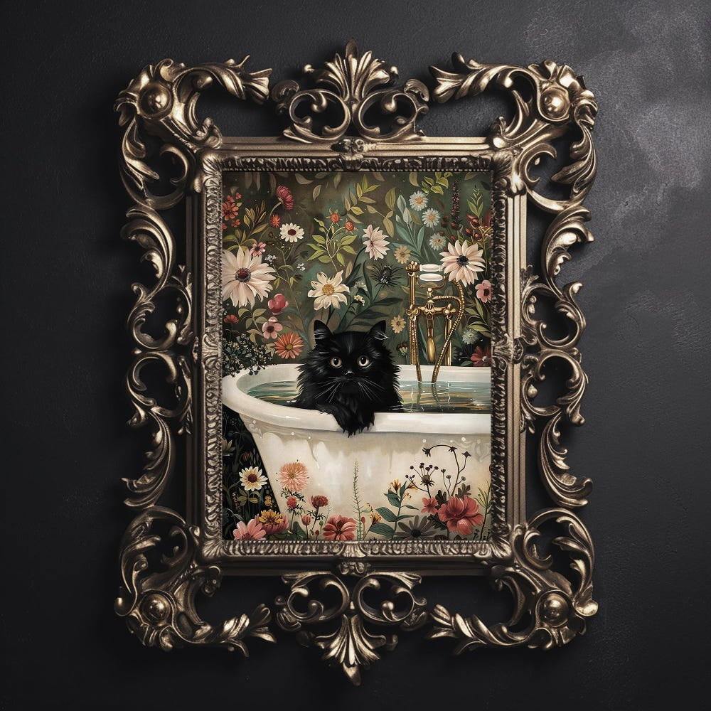 Floral Black Cat Bathroom Print, Botanical Flower Bathtub Vintage ...