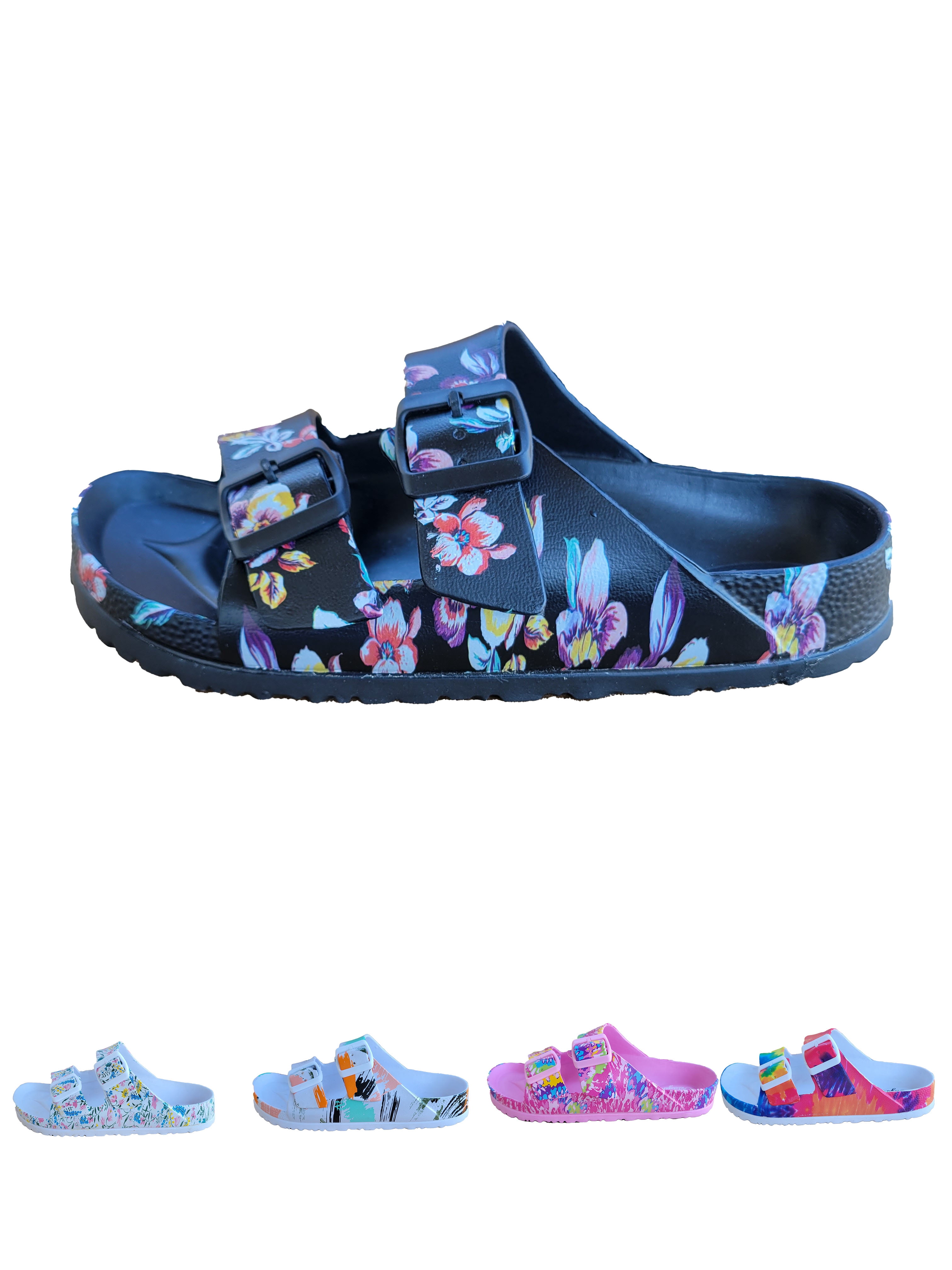 Floral Black EVA Slides Sandals Adjustable Double Buckle Strap Women ...
