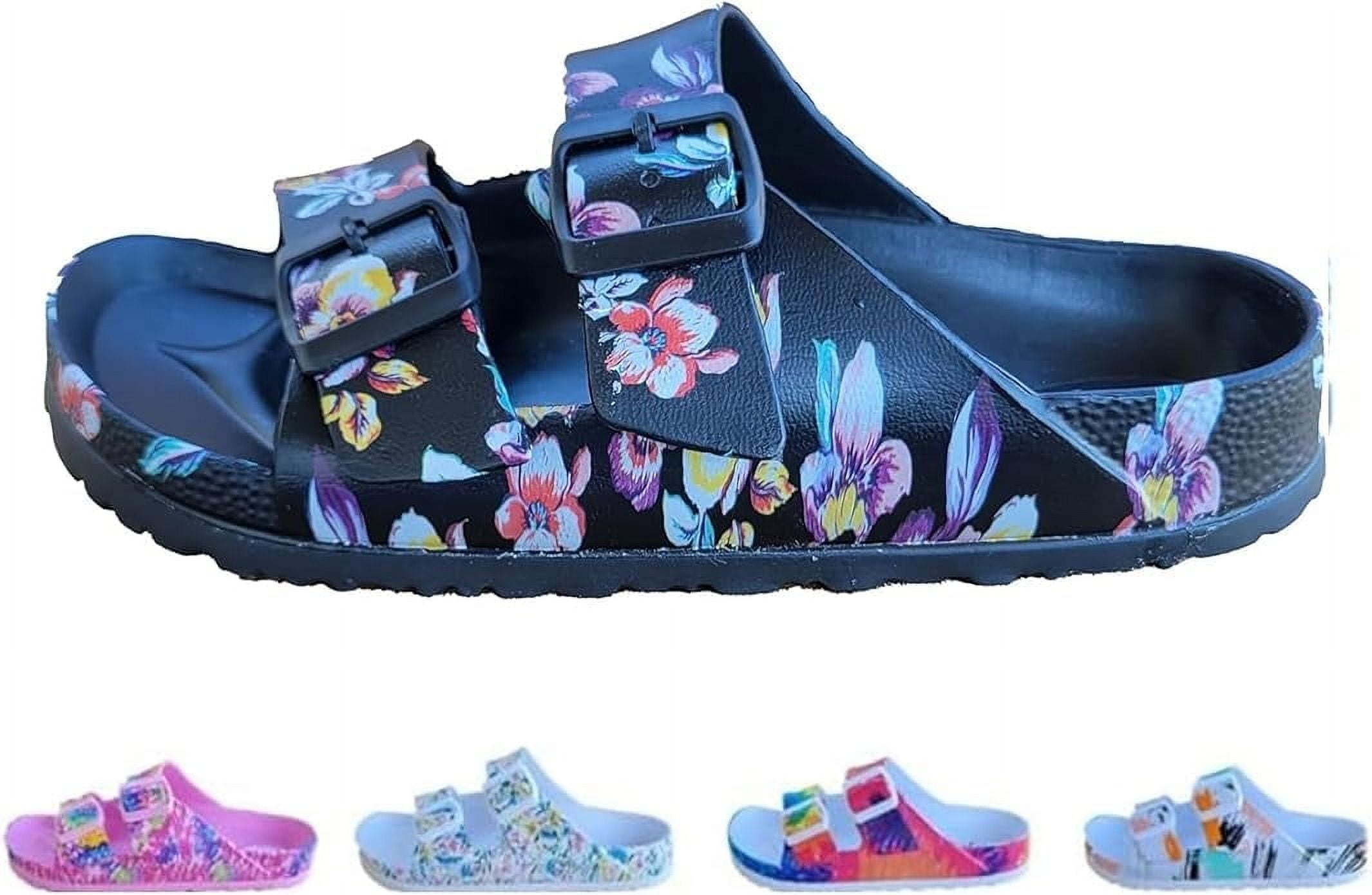 Floral Black EVA Slides Sandals Adjustable Double Buckle Strap Women ...