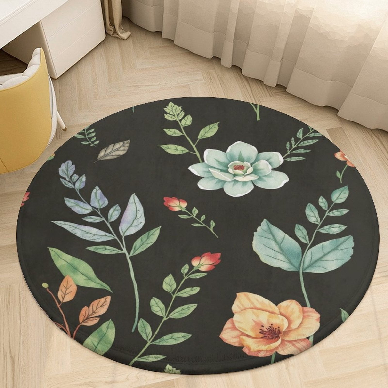 Floral Black Pattern Area Rug Round Carpet Rug for Living Room Bedroom ...