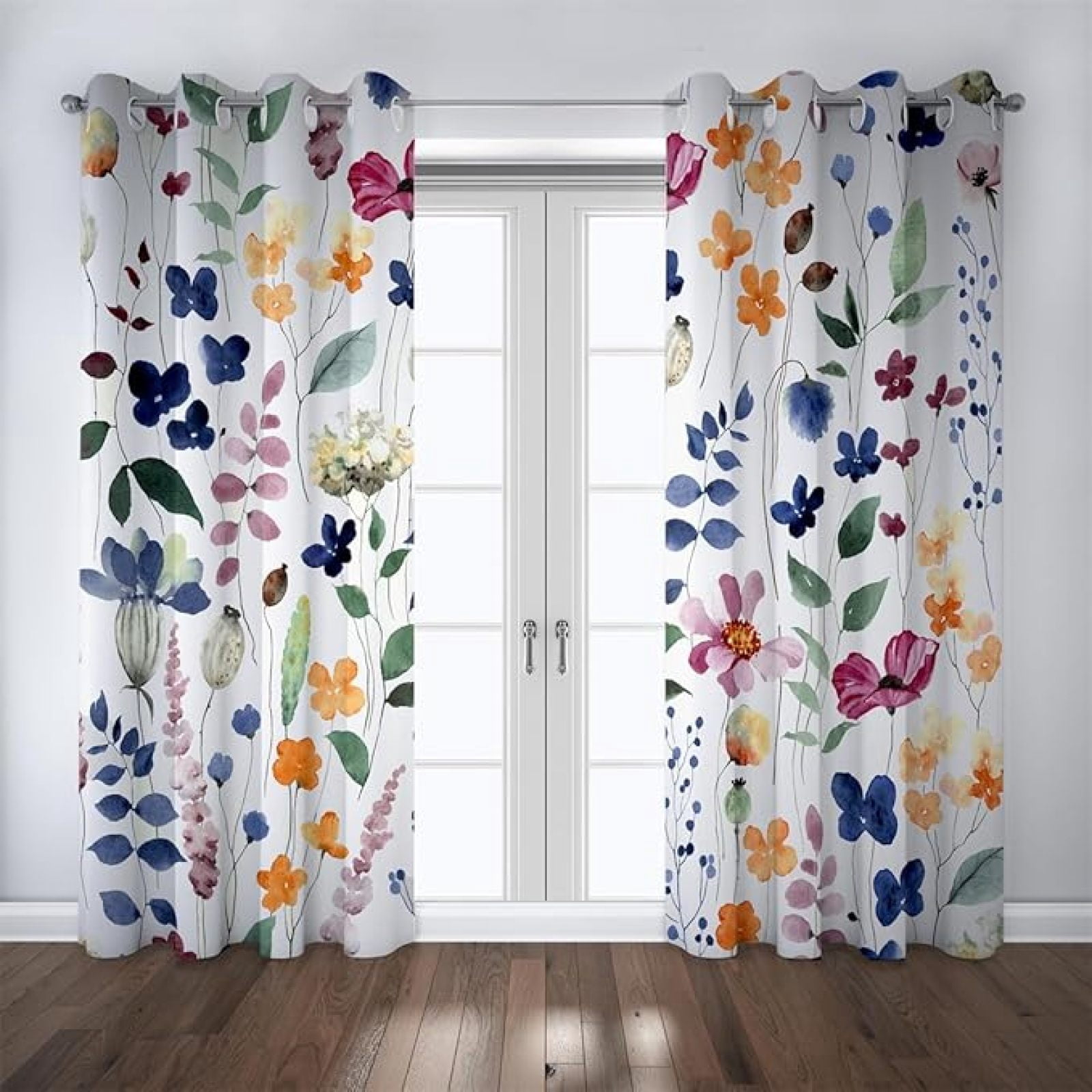 Floral Blackout Curtain, Watercolour Colorful Plant Leaf Flower Design ...