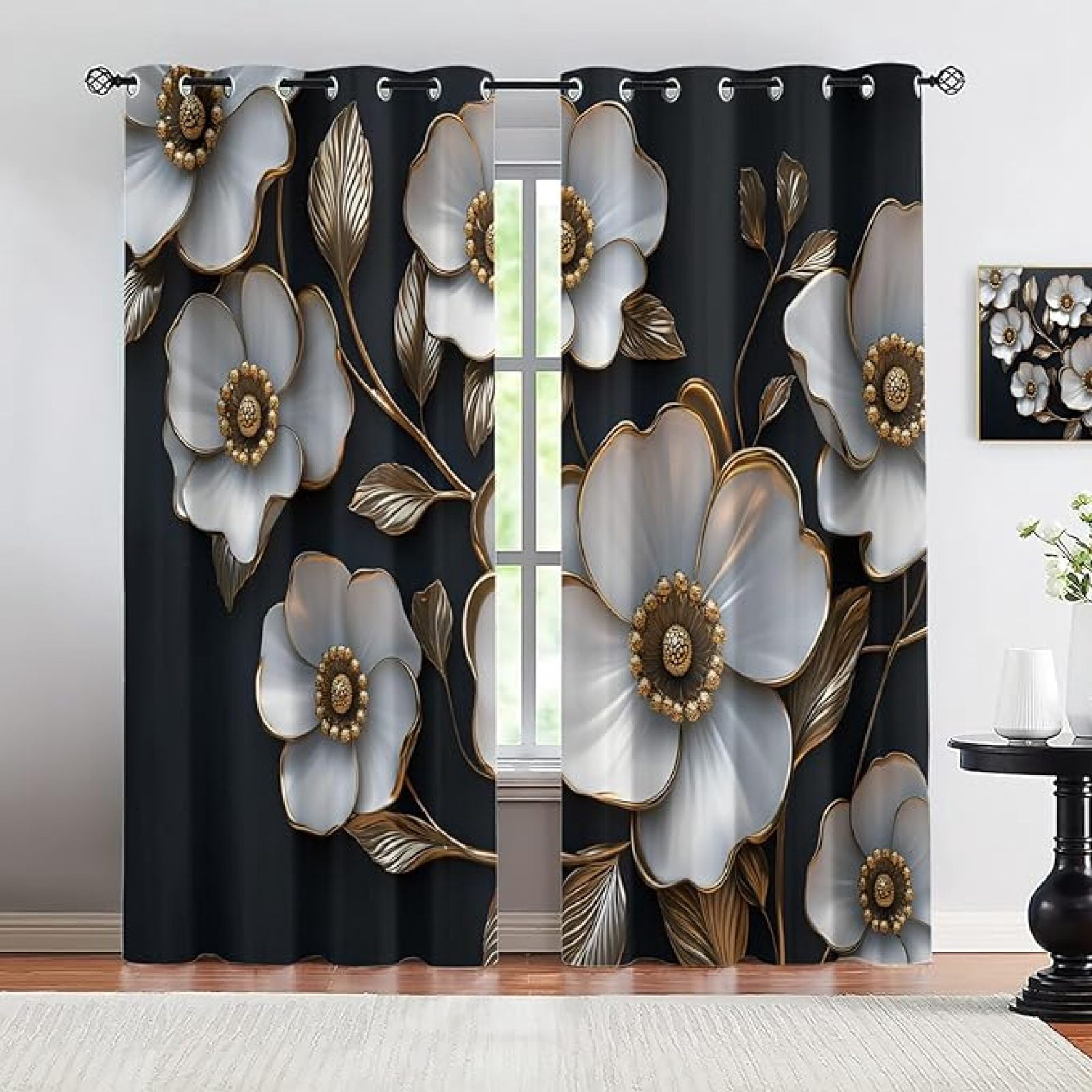 Floral Blackout Curtains For Girls Boys Home Decor, White Gold Floral ...