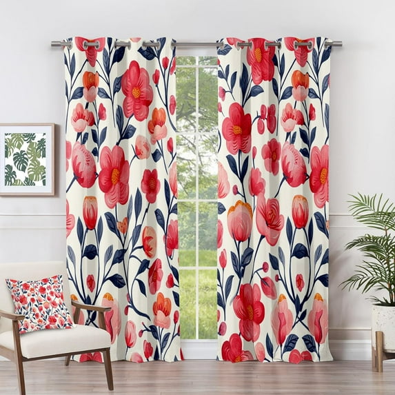 Floral Blackout Curtains, Red Flower Botanical Watercolor Curtains for ...