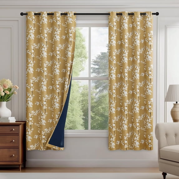Floral Blackout Drapes Blossom | Mustard Yellow, 50"W x 63"L (Pack of 2 ...