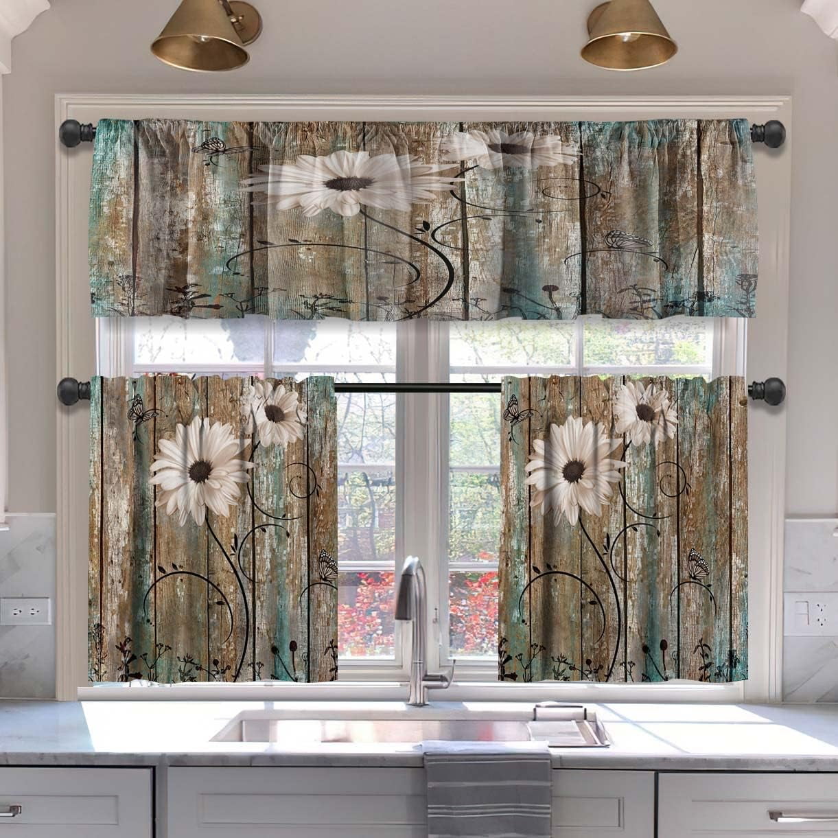 Floral Blackout Kitchen Curtains Tiers and Valances Set 3 Piece for ...