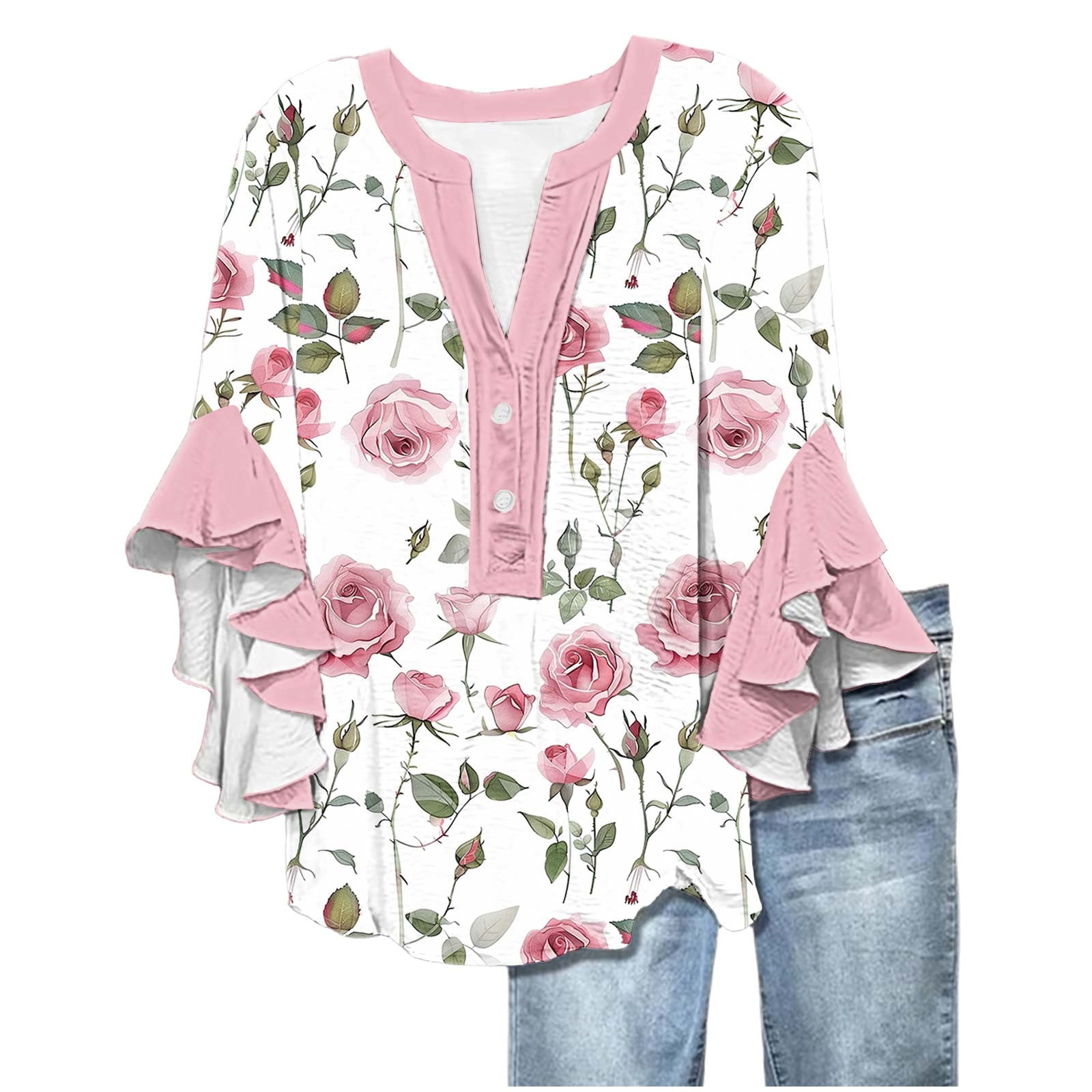 Floral Blouse with Ruffle Sleeves - Women's V-Neck Button-up Front 3/4 ...