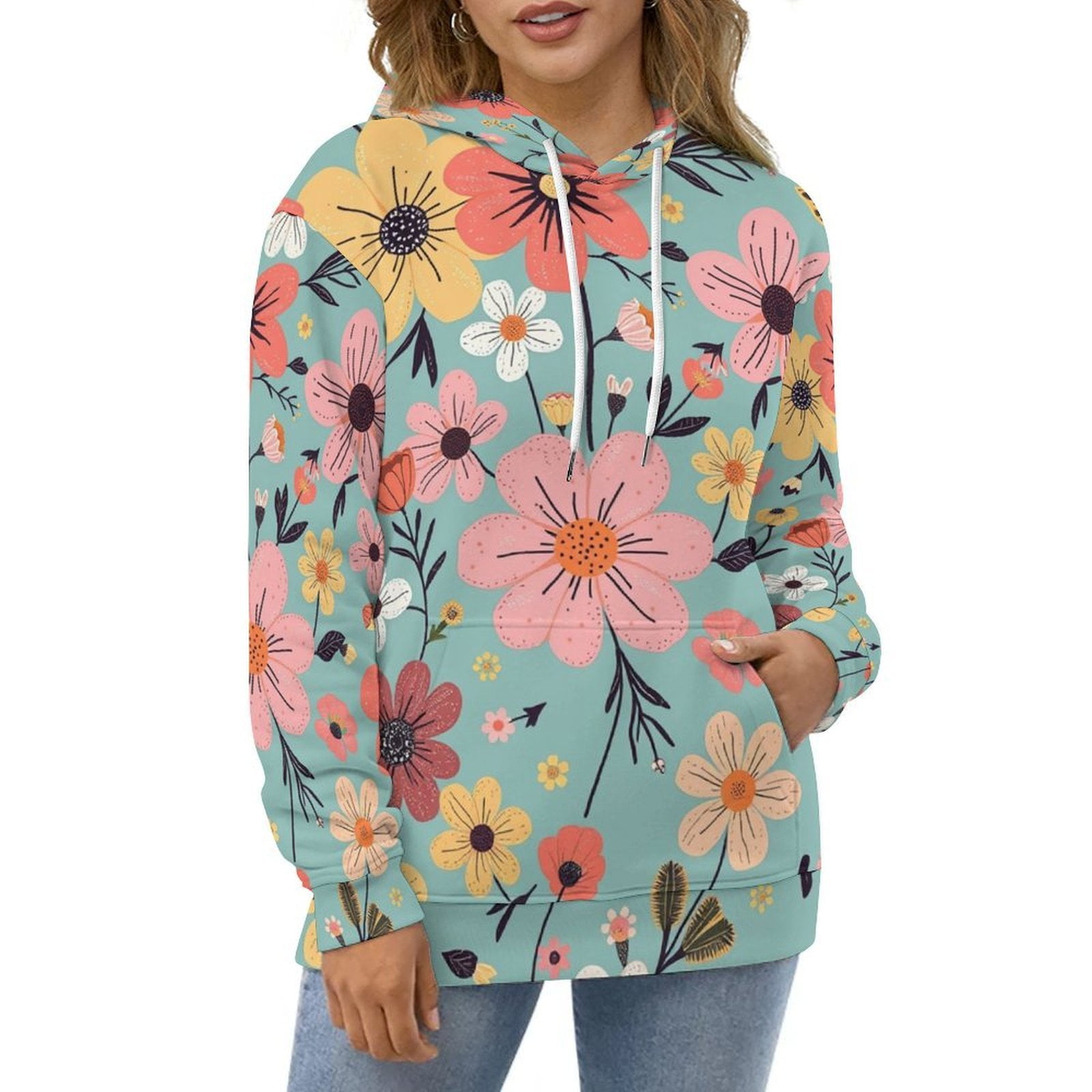 Floral Blue Background Pattern Hoodies Long Sleeve Casual Hoodie Winter ...