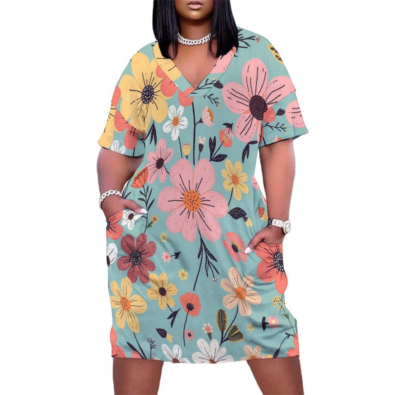 Floral Blue Background Pattern Loose Pocket Dress Dresses for Special Events Women"s Dress Women ...