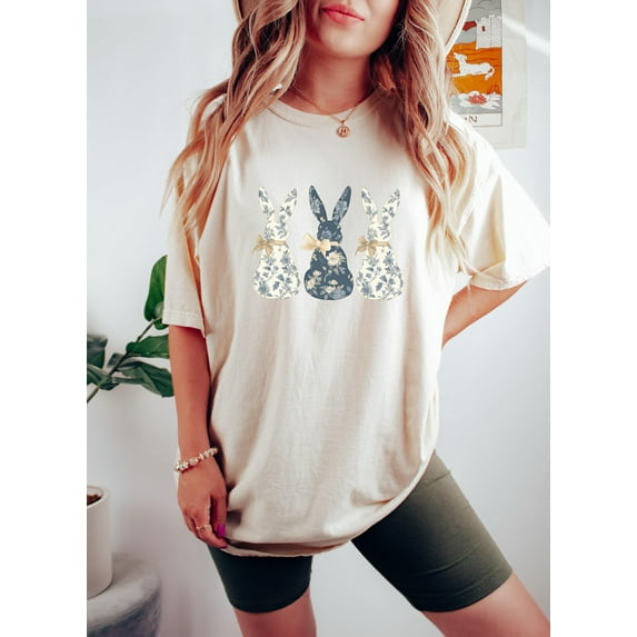 Floral Blue Bunny T-Shirt, Cute Easter Bow Crewneck, Trendy Bunny ...
